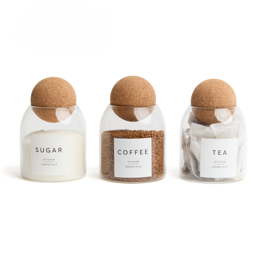 Cork Ball Glass Storage Jars – Set of 3 - Tea, Coffee & Sugar – LIVABL