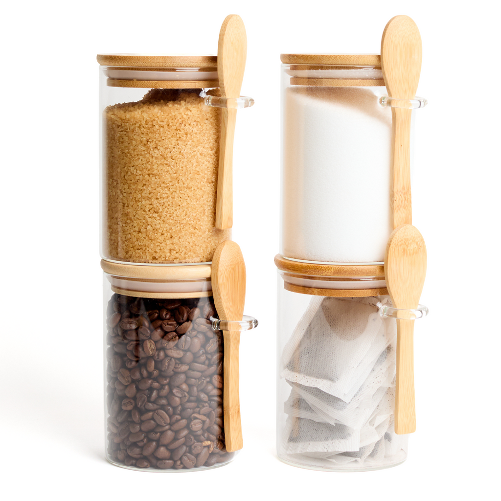 Bamboo Glass Storage Jars with Spoons - Set of 4 – LIVABL